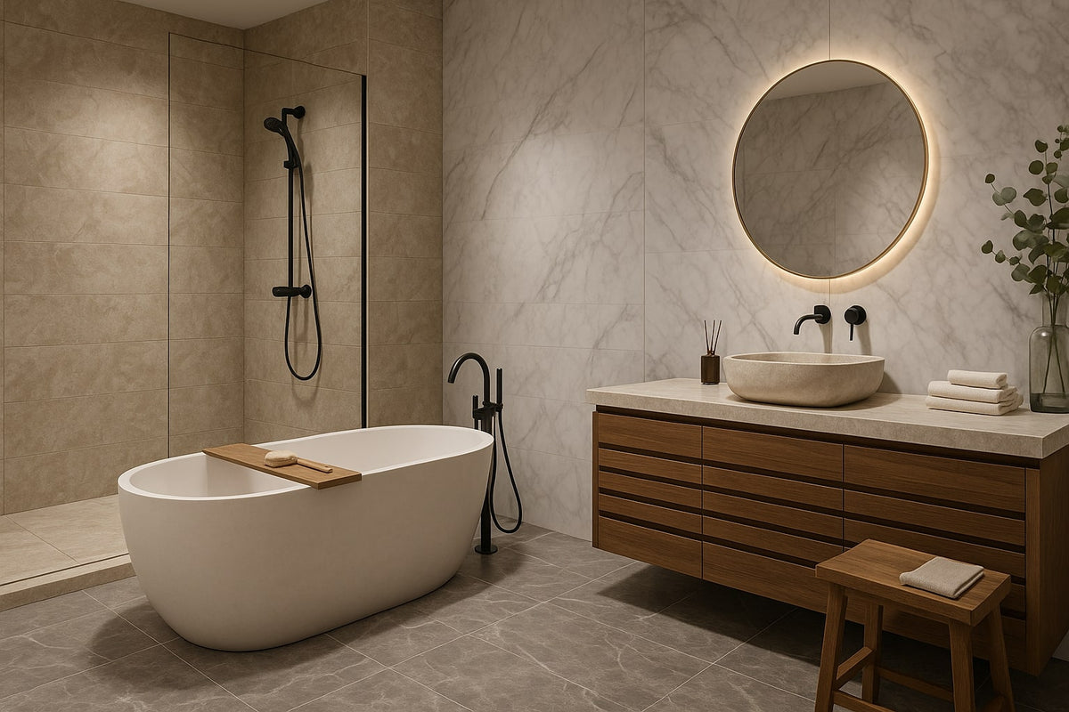 Spa-badkamer met marmer- en steeneffect tegels